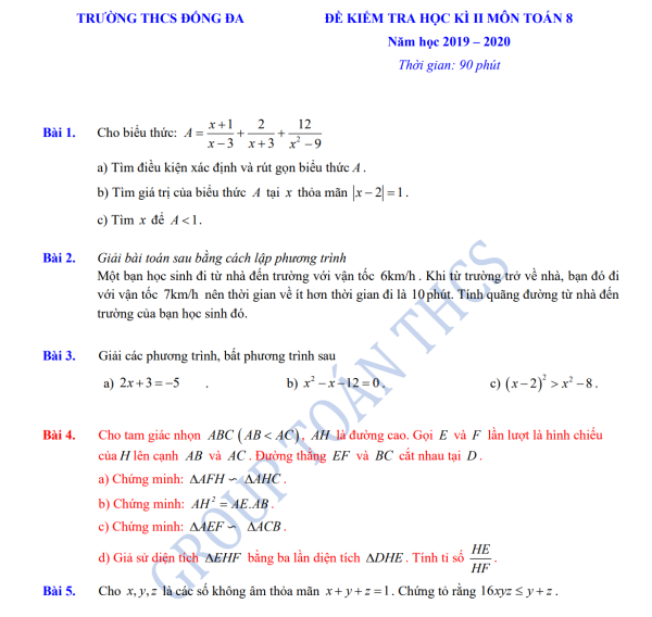 Đề thi học kì 2 môn Toán lớp 8 trường THCS Đống Đa [CÓ ĐÁP ÁN]